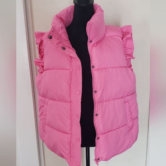 crown & ivy | Jackets & Coats | Pink Puffer Vest With Ruffle Sleeves ...